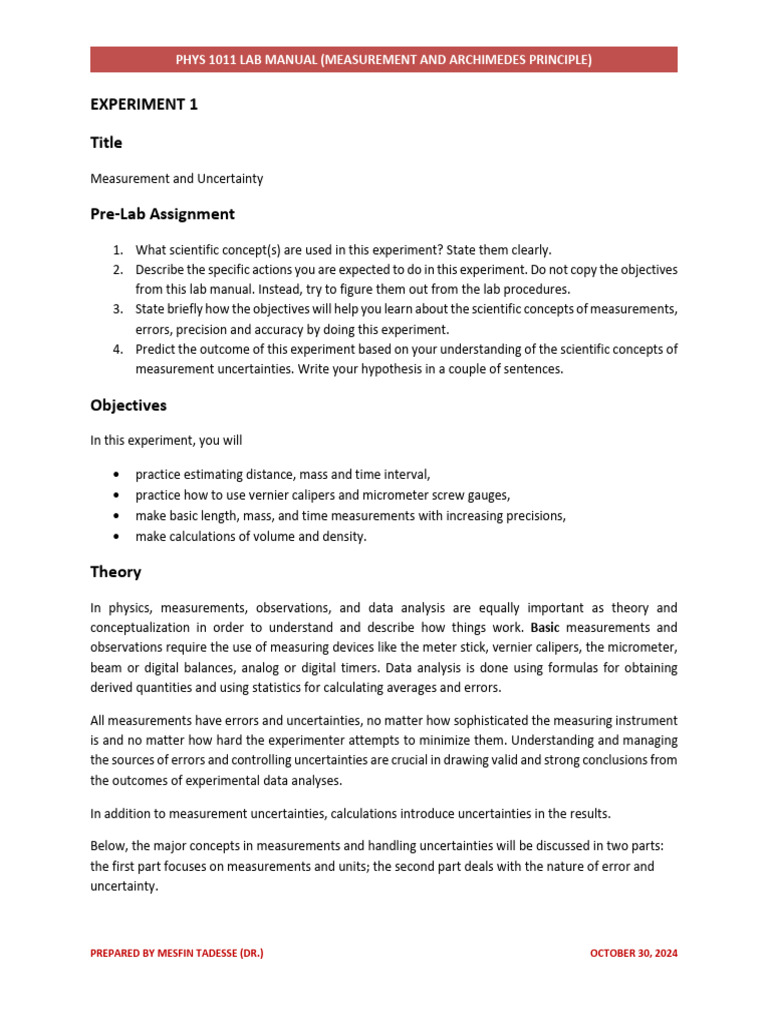 Measurement and Uncertainty Lab Guide | PDF | Buoyancy | Observational ...