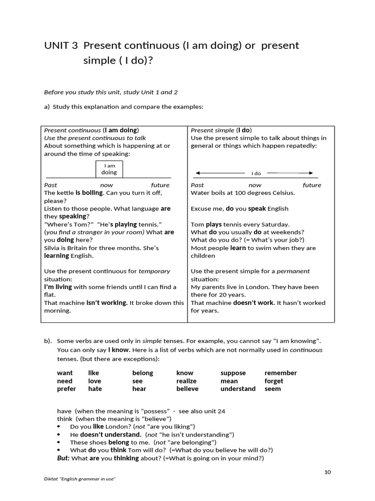 UNIT 3 Present Continuous (I Am Doing) or Present Simple (I Do) | PDF | Grammatical Tense ...