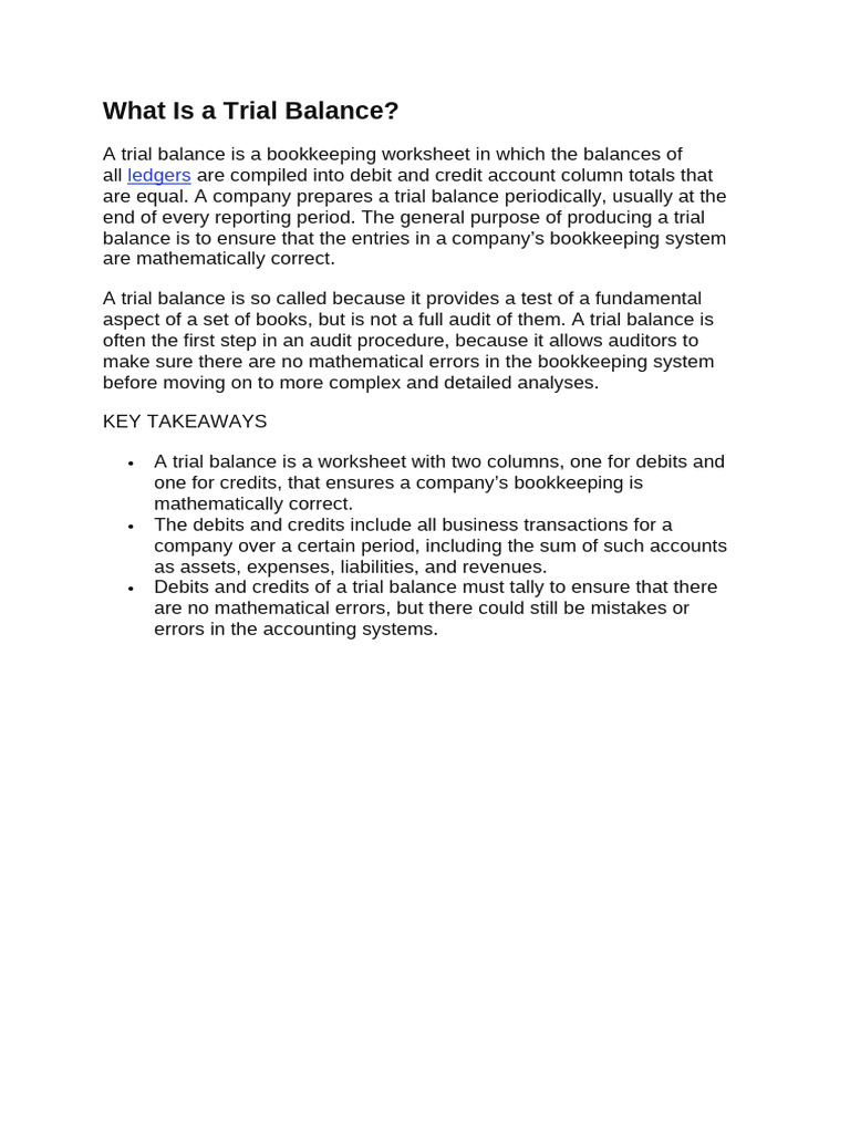 Trial Balance Meaning in Accounts | PDF