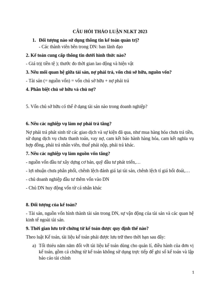 Câu hỏi thảo luận phần LT NLKT 2023 | PDF