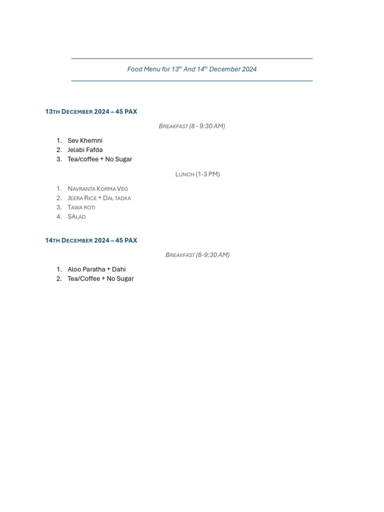 Food Menu For 13th and 14th December 2024 | PDF