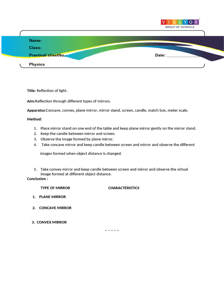 Practical Sheet 1 - Light Energy - Reflection in Different Types of ...