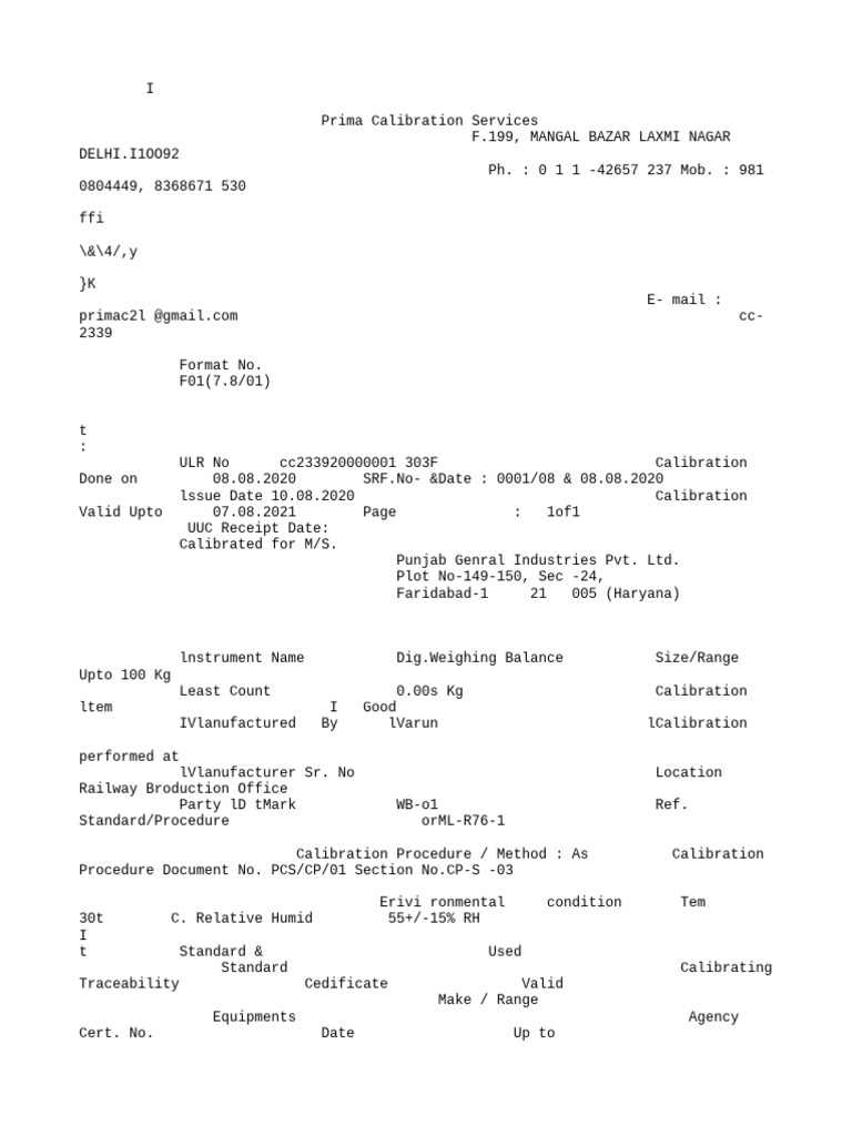 Weigh Balance Calibration Certificate | PDF | Calibration | Weighing Scale