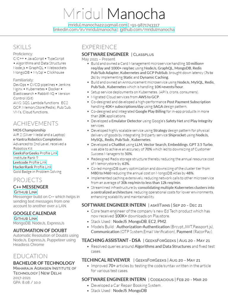 Mridul Manocha SDEResume 2023 | PDF | Software | Computer Programming