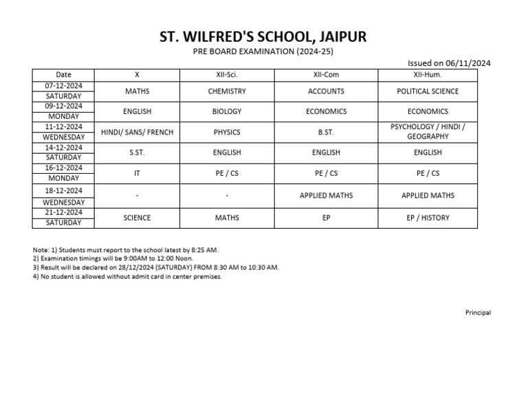 Pre Board Time Table 2024-25 | PDF