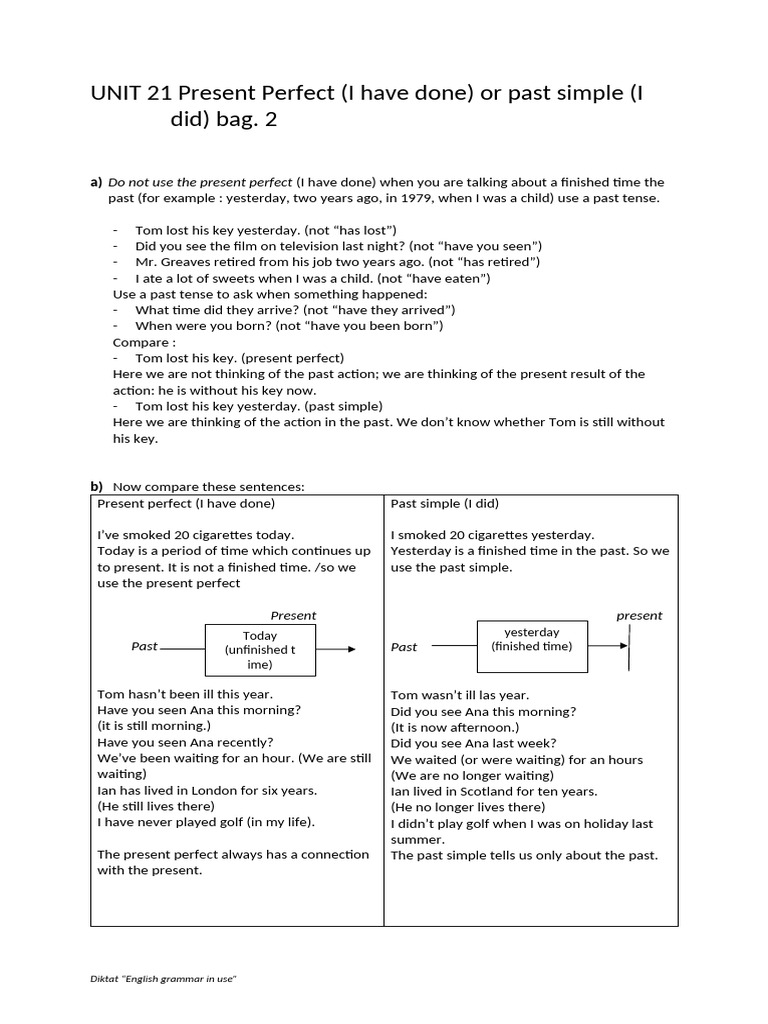 UNIT 21 Present Perfect (I Have Done) or Past Simple (I Did) Bag 2 ...