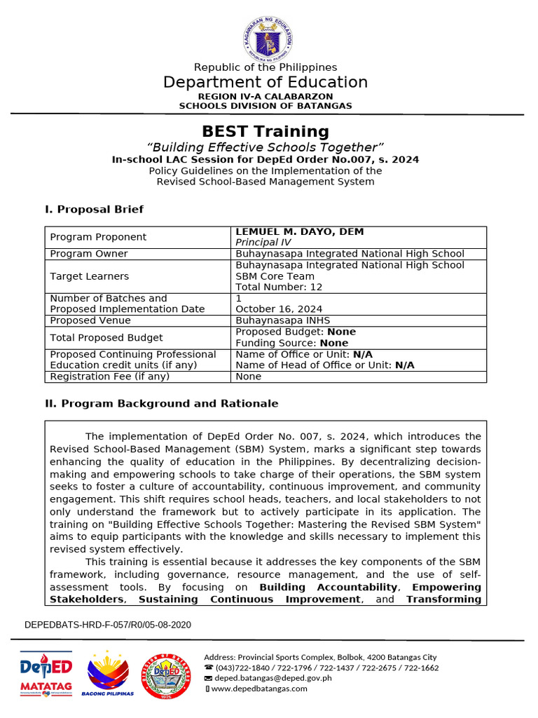 BEST Training (SLAC Proposal On New SBM Guidelines - Buhaynasapa INHS ...