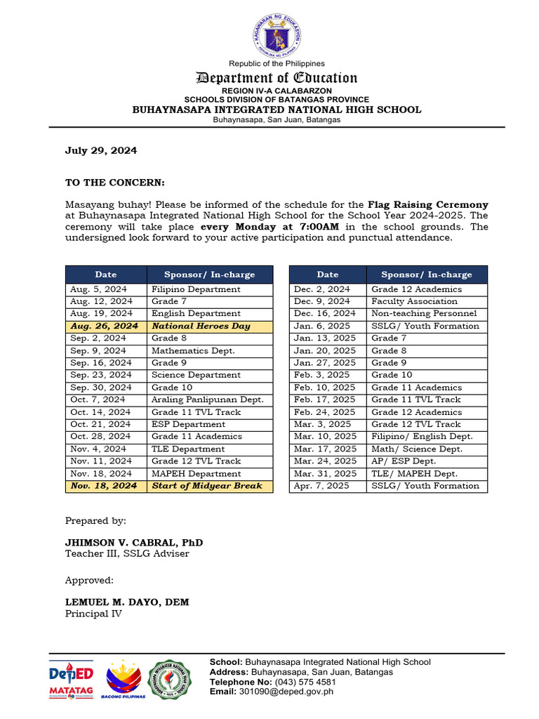 Buhaynasapa High School Flag Ceremony Schedule | PDF