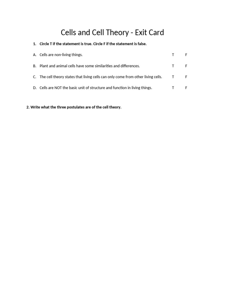 Cells and Cell Theory Exit Ticket | PDF