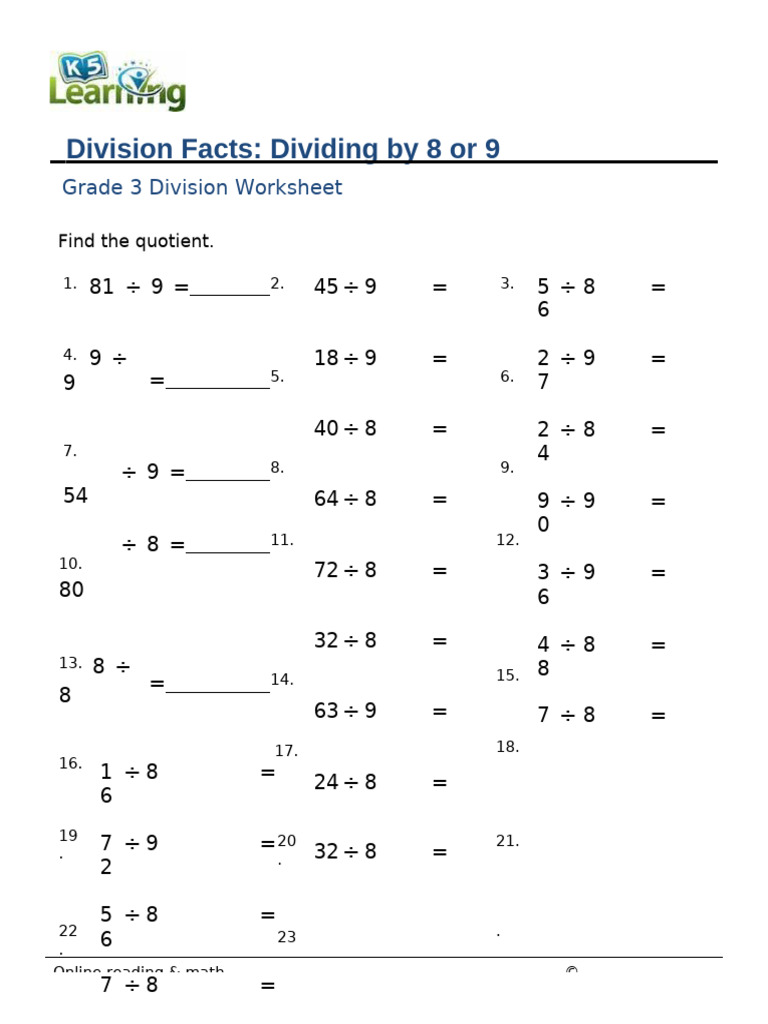 Grade 3 Division Facts 8 or 9 B | PDF