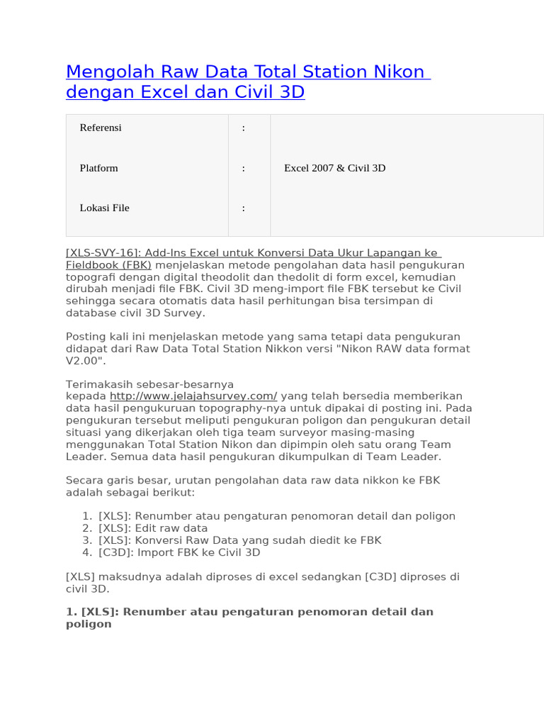 Mengolah Raw Data Total Station Nikon Dengan Excel Dan Civil | PDF | Metode & Bahan Ajar | Komputer