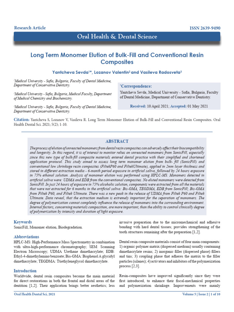 Long Term Monomer Elution of Bulkfill and Conventional Resin Composites ...
