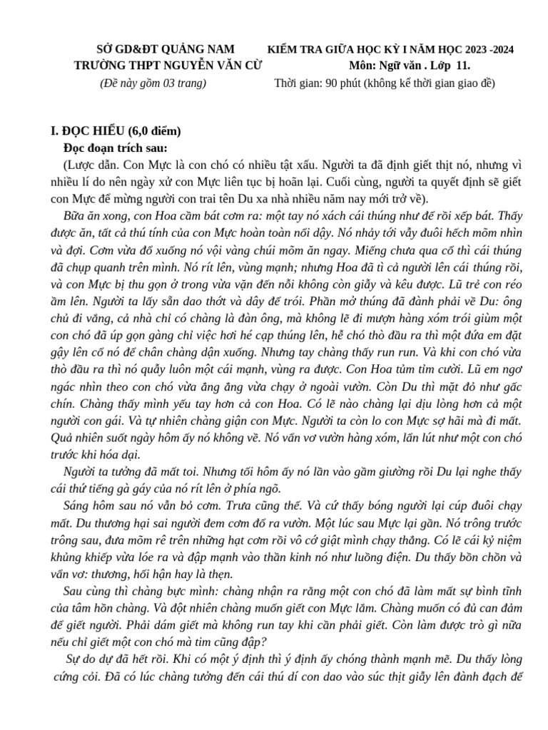 De Giua Ki 1 Ngu Van 11 Nam 2023 2024 Truong THPT Nguyen Van Cu Quang Nam | PDF