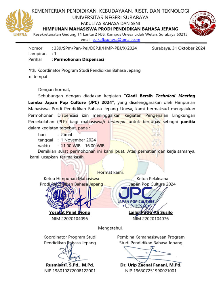 SPM Dispensasi Gladi Bersih TM JPC 2024 (1 Nov) JPC 2024 | PDF