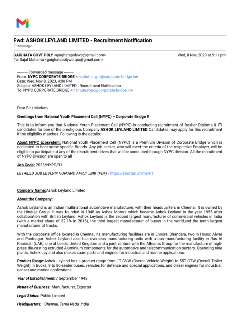 ASHOK LEYLAND LIMITED - Recruitment Notification | PDF | Vehicles