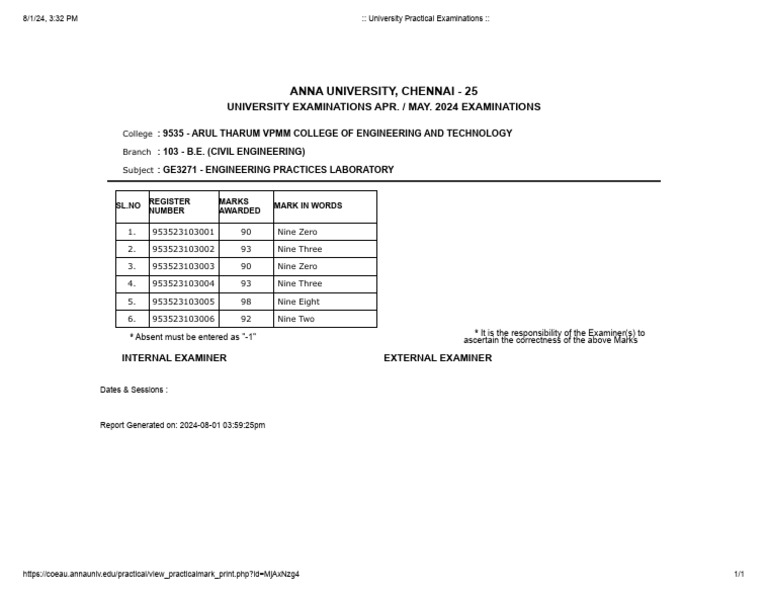 Engineering Practices Lab Exam Results | PDF