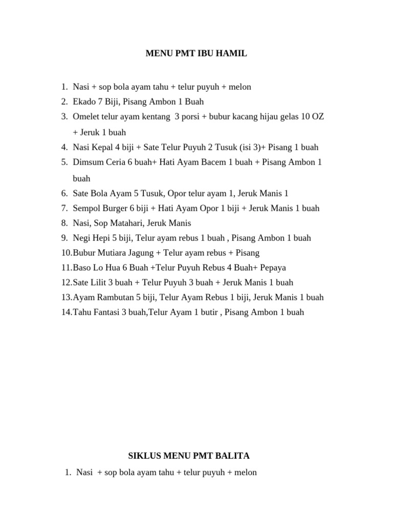 Siklus Menu PMT | PDF