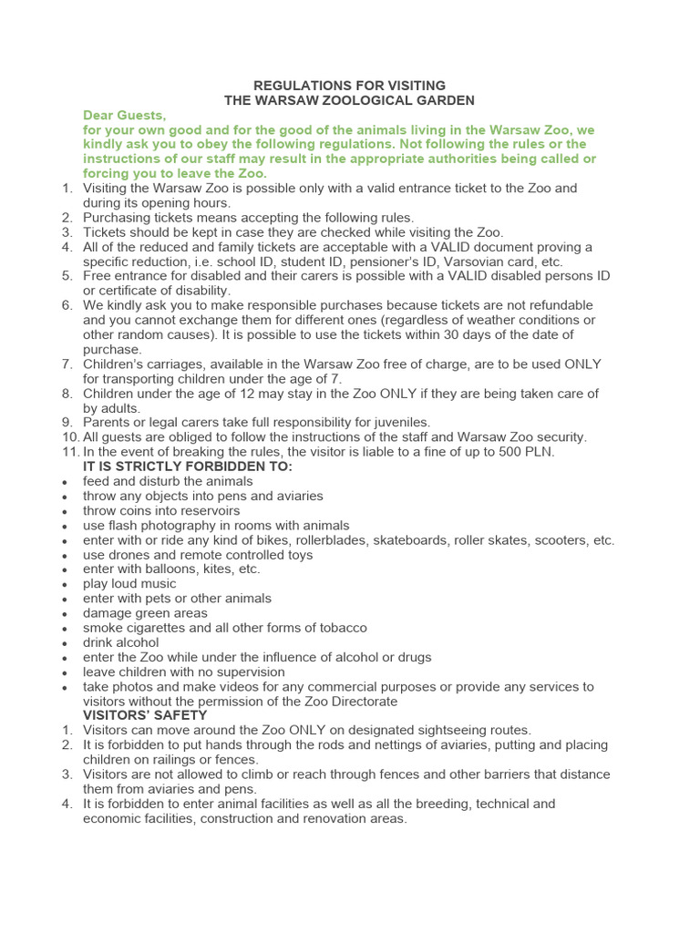 Warsaw Zoo Visitor Regulations Guide | PDF | Zoo
