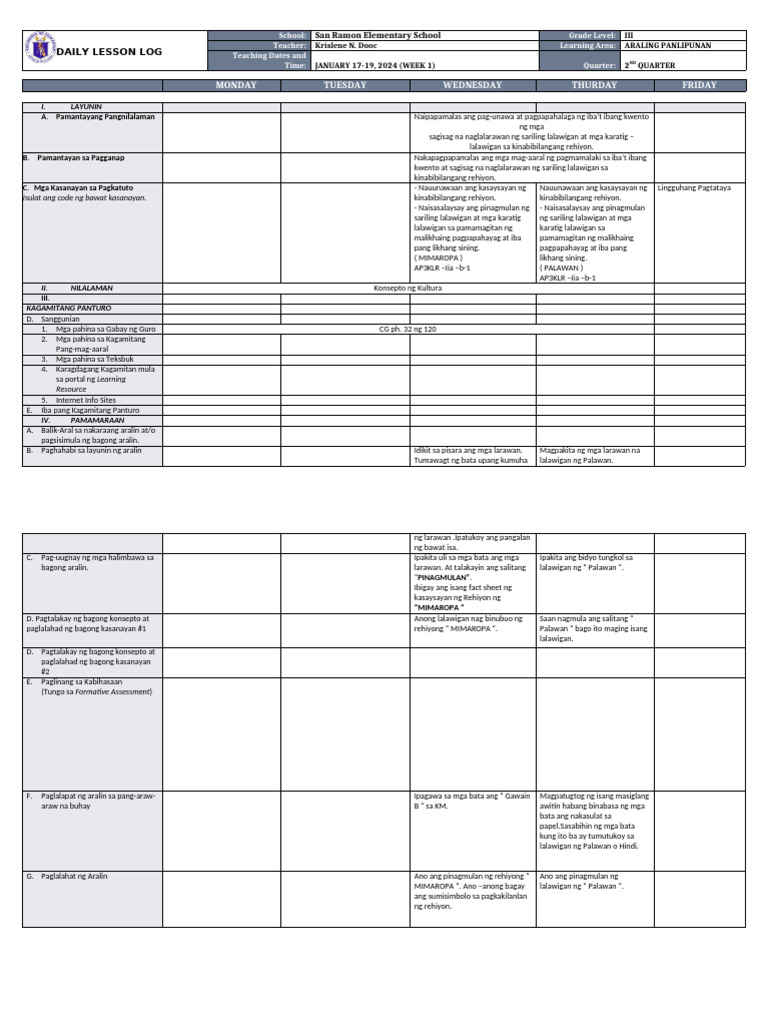 DLL - Araling Panlipunan 3 - Q2 - W1 | PDF
