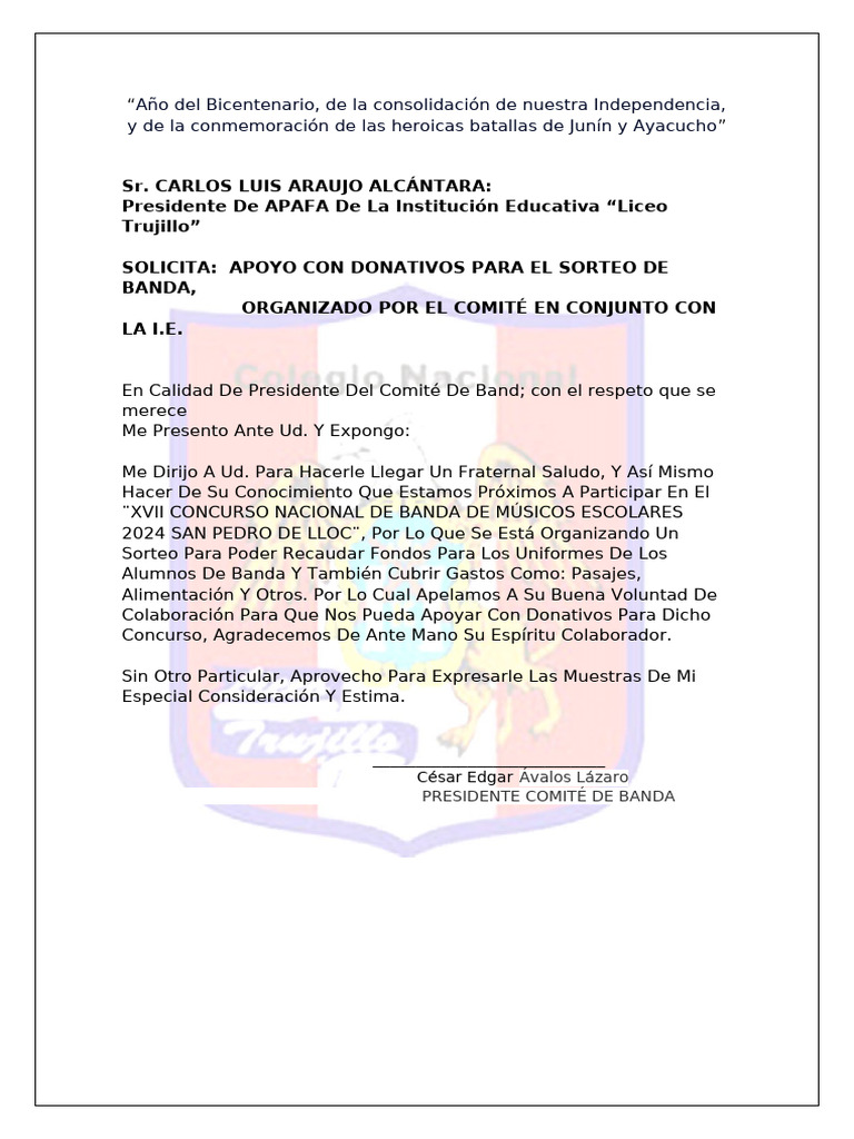 Requerimiento Apafa DONATIVOS RIFA | PDF | Cocina, comidas y vino