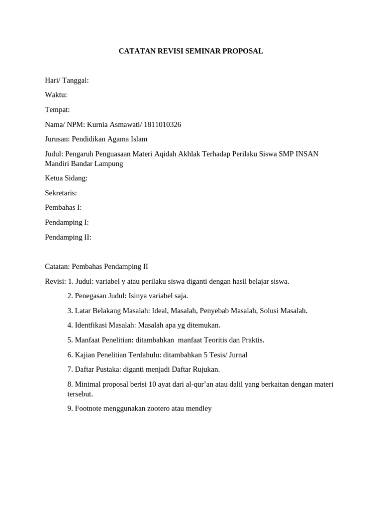 Catatan Revisi Seminar Proposal | PDF | Karier & Perkembangan | Sains & Matematika