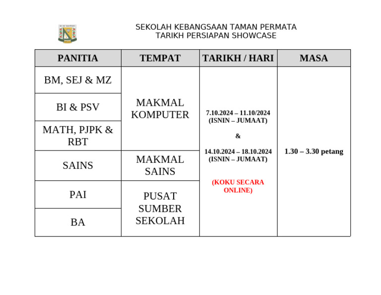 Tarikh Persiapan Showcase SKTP | PDF