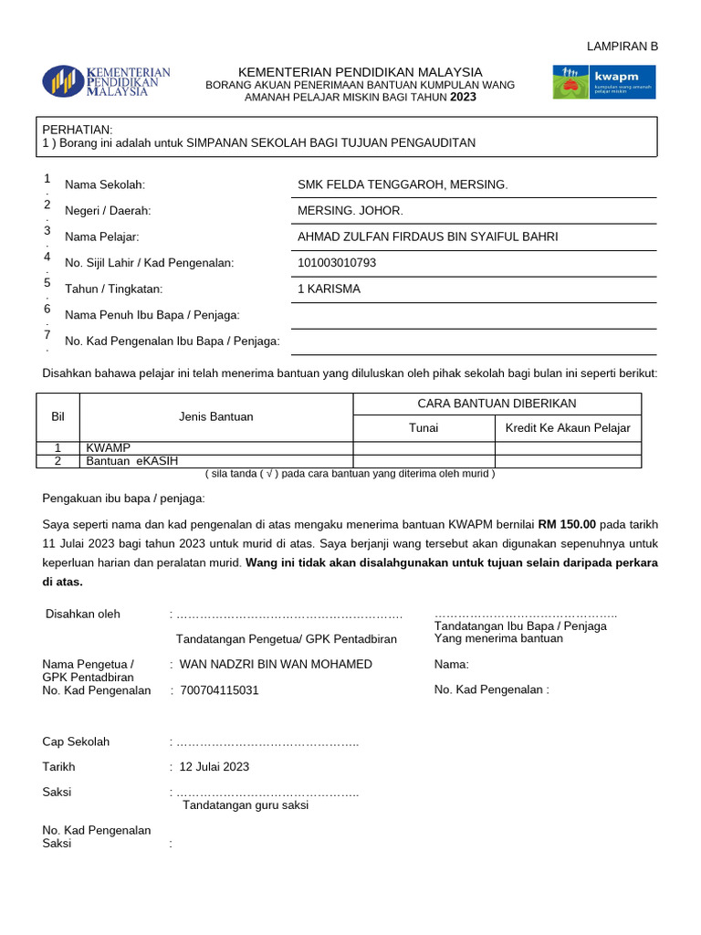 Borang Akuan Penerimaan Kwamp KPM | PDF