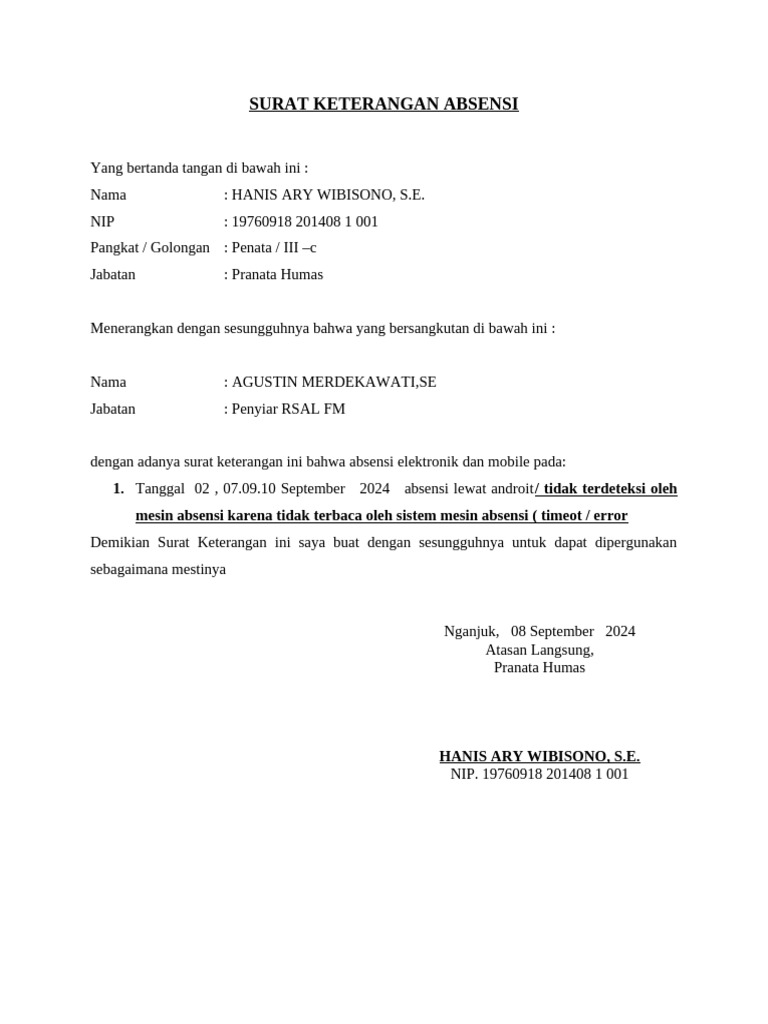 Surat Keterangan Absensi Elektronik | PDF