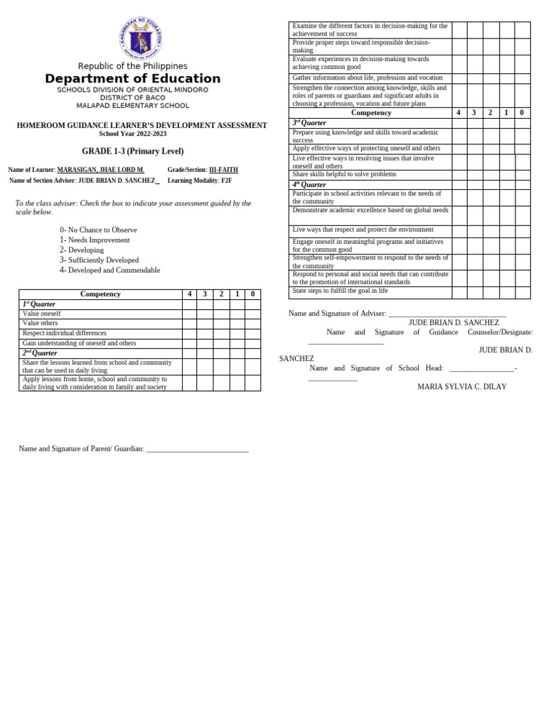 HOMEROOM GUIDANCE LEARNERS DEVELOPMENT ASSESSMENT Grade 1 3 LANDSCAPE ...