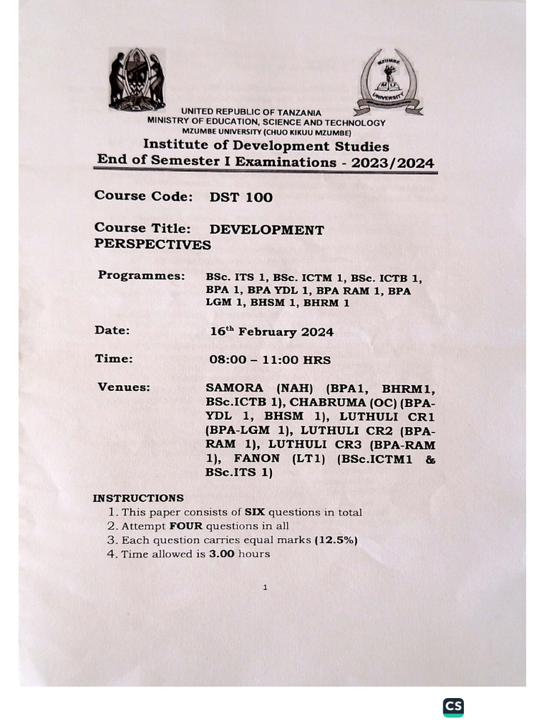 Past Papers DST 100 2020-2024 | PDF