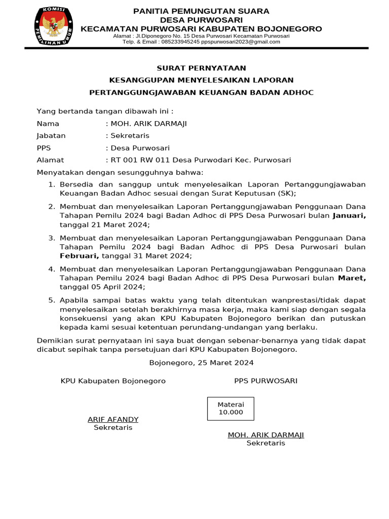Surat Pernyataan Kesanggupan Menyelesaikan Laporan SPJ Adhoc | PDF