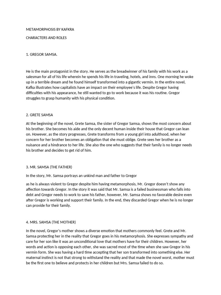 Character Analysis: Metamorphosis | PDF | The Metamorphosis