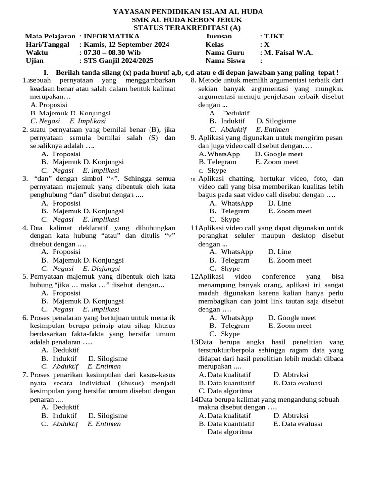 Sts - Informatika - X TJKT | PDF