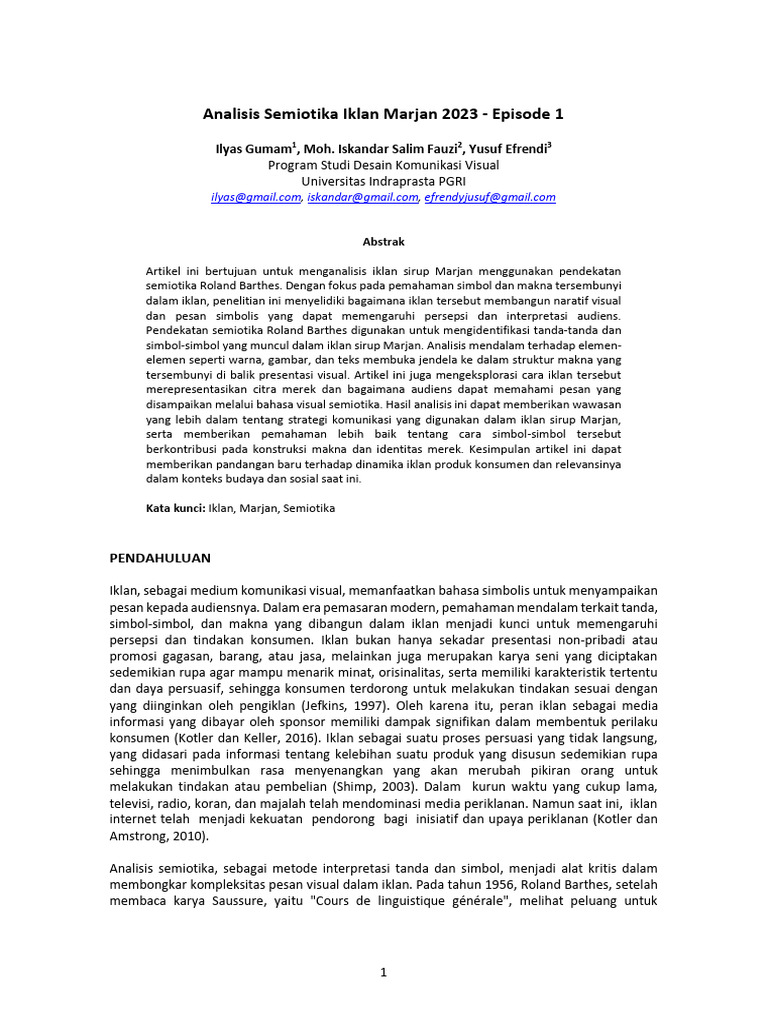 Analisis Semiotika Iklan Marjan 2023 - Episode 1 | PDF | Ilmu Sosial