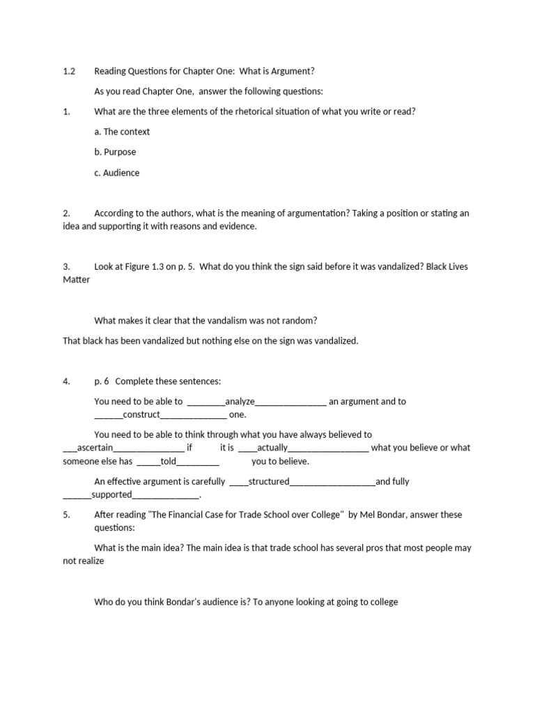 1.2 Reading Questions For Chapter One-1 | PDF | Argument | Evidence