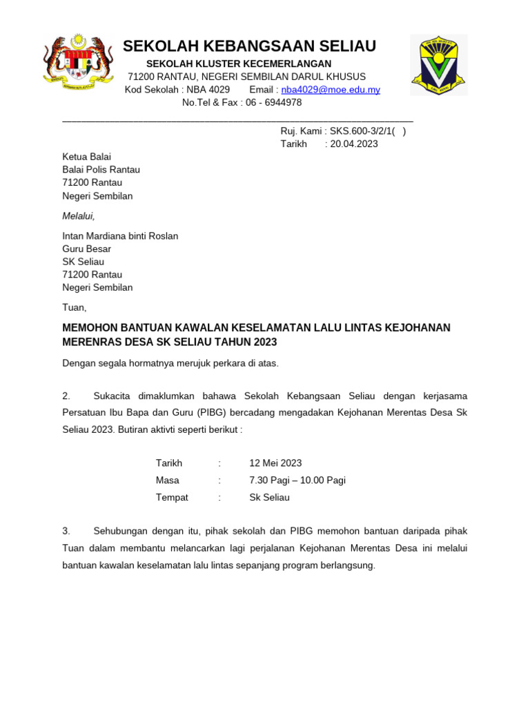 Surat Permohonan Bantuan Kawalan Keselamatan Lalu Lintas Merentas Desa | PDF