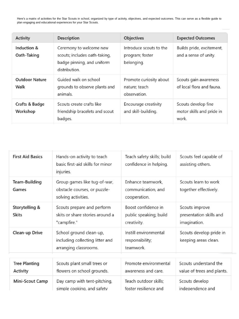Star Scouts Activity Matrix for Schools | PDF | Career & Growth