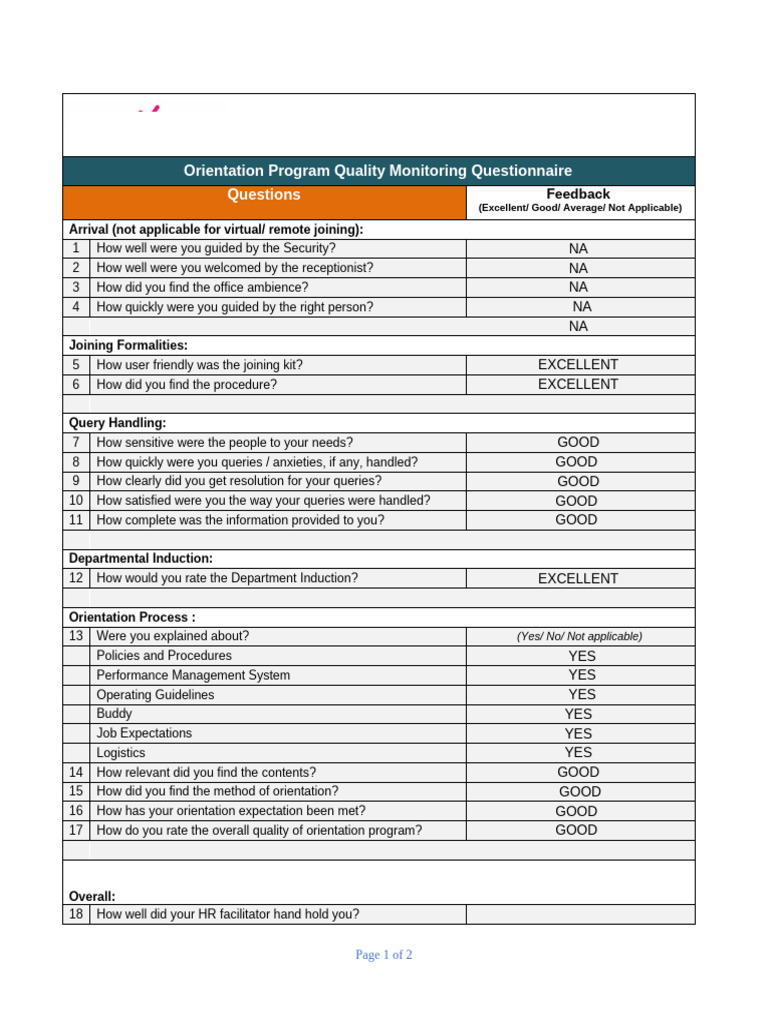Orientation Program Quality Monitoring Questionnaire | PDF | Career & Growth