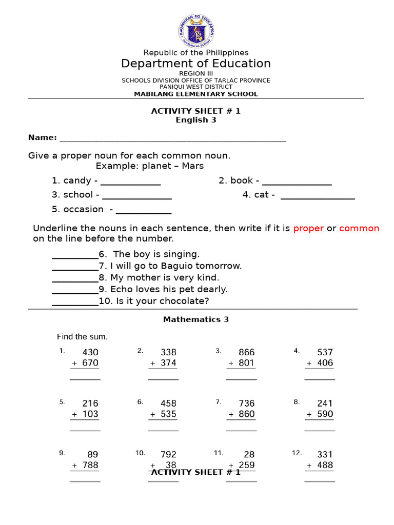Activity Sheet for Grade 3 Students | PDF