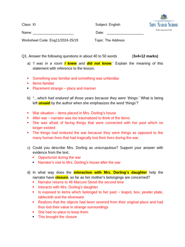 AK - WKSHT 19-The Address Class 11 | PDF