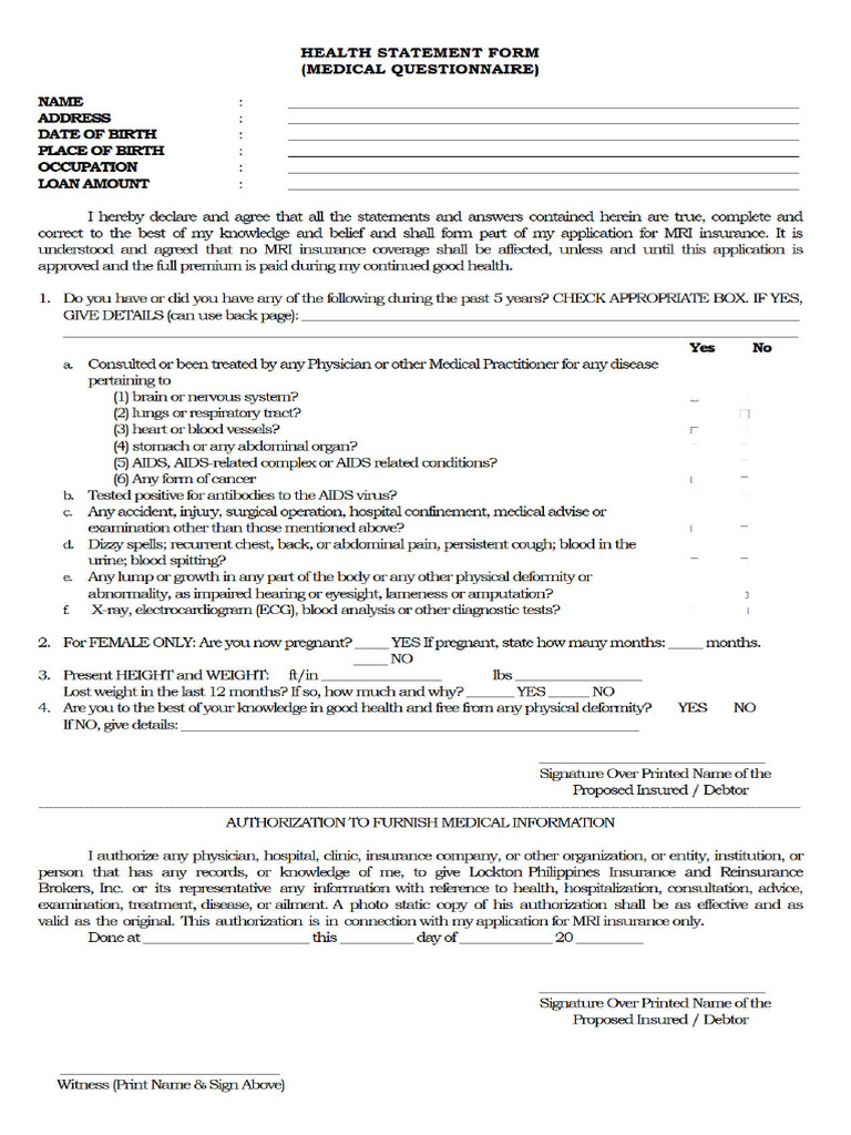 Medical Questionnaire | PDF