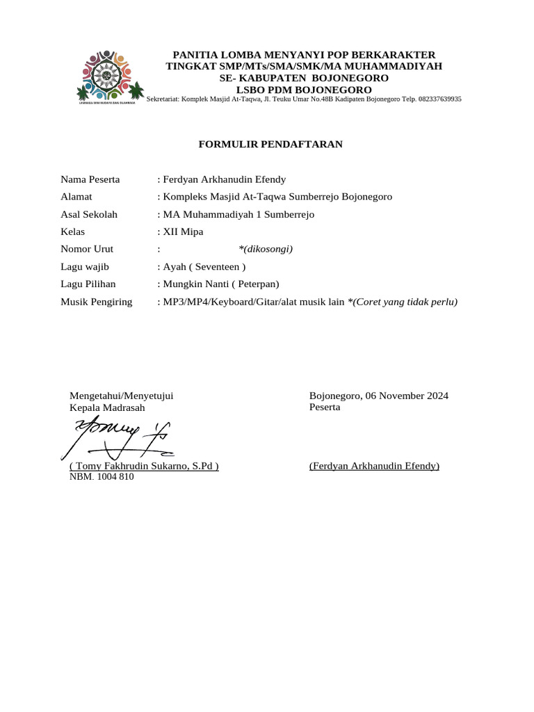 Formulir Pendaftaran Lomba Menyanyi Tunggal Pop Berkarakter LSBO 2024 | PDF
