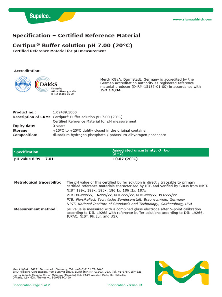 Specification - Certified Reference Material Certipur Buffer Solution PH 7.00 (20°C) | PDF | Ph ...