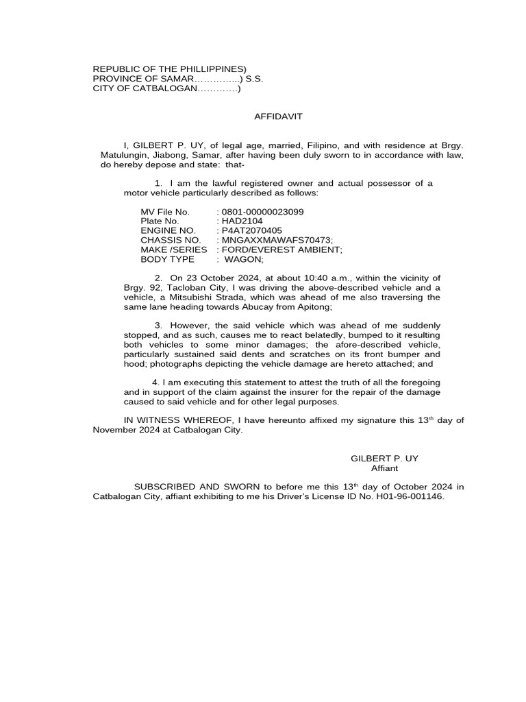 Affidavit - Gilbert Uy | PDF