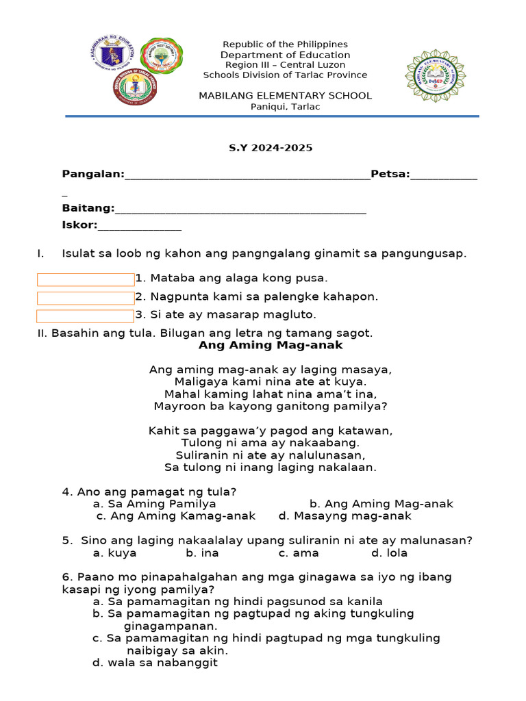 1st Quarter Test - Filipino3 - 24 | PDF