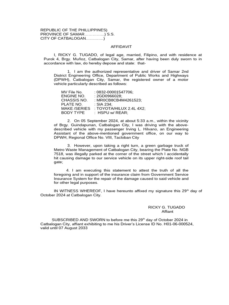 Affidavit - Ricky Tugado | PDF | Business | Finance & Money Management