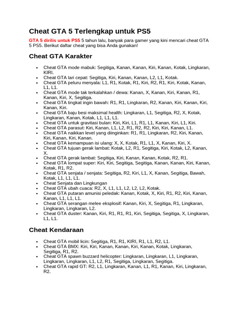Cheat GTA 5 Terlengkap Untuk PS5 | PDF | Game & Aktivitas