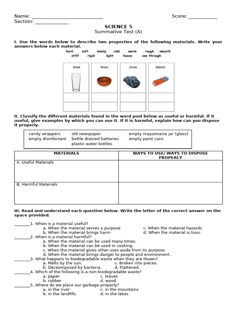 Science 5 Summative Test on Materials | PDF