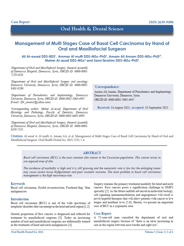 Management of Multi Stages Case of Basal Cell Carcinoma by Hand of Oral ...
