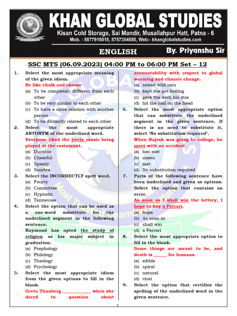 SSC MTS English Practice Set 12 | PDF | Pollution | Sustainability